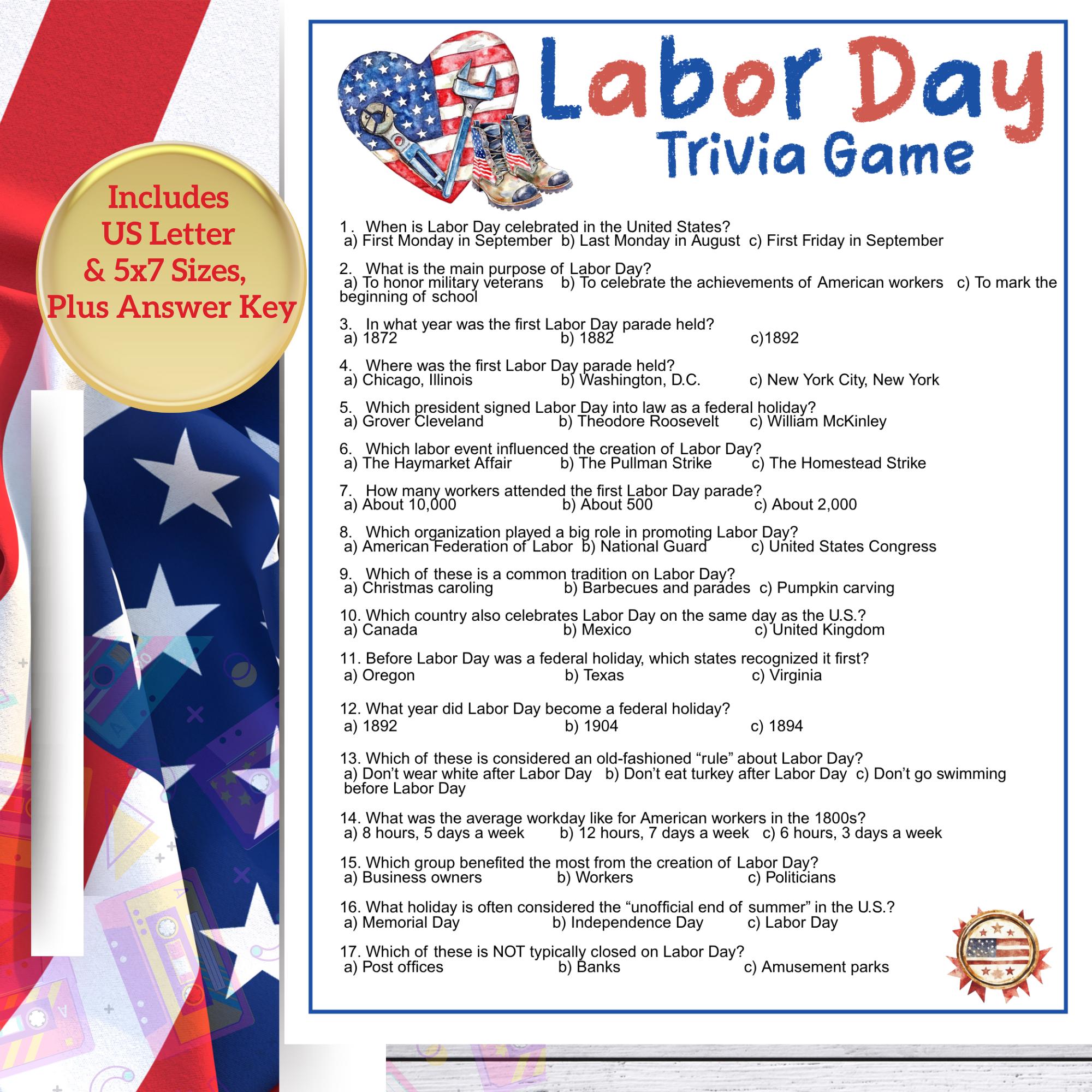 Labor Day Trivia Game Printable, Labor Day Games for Adults, Labor Day ...