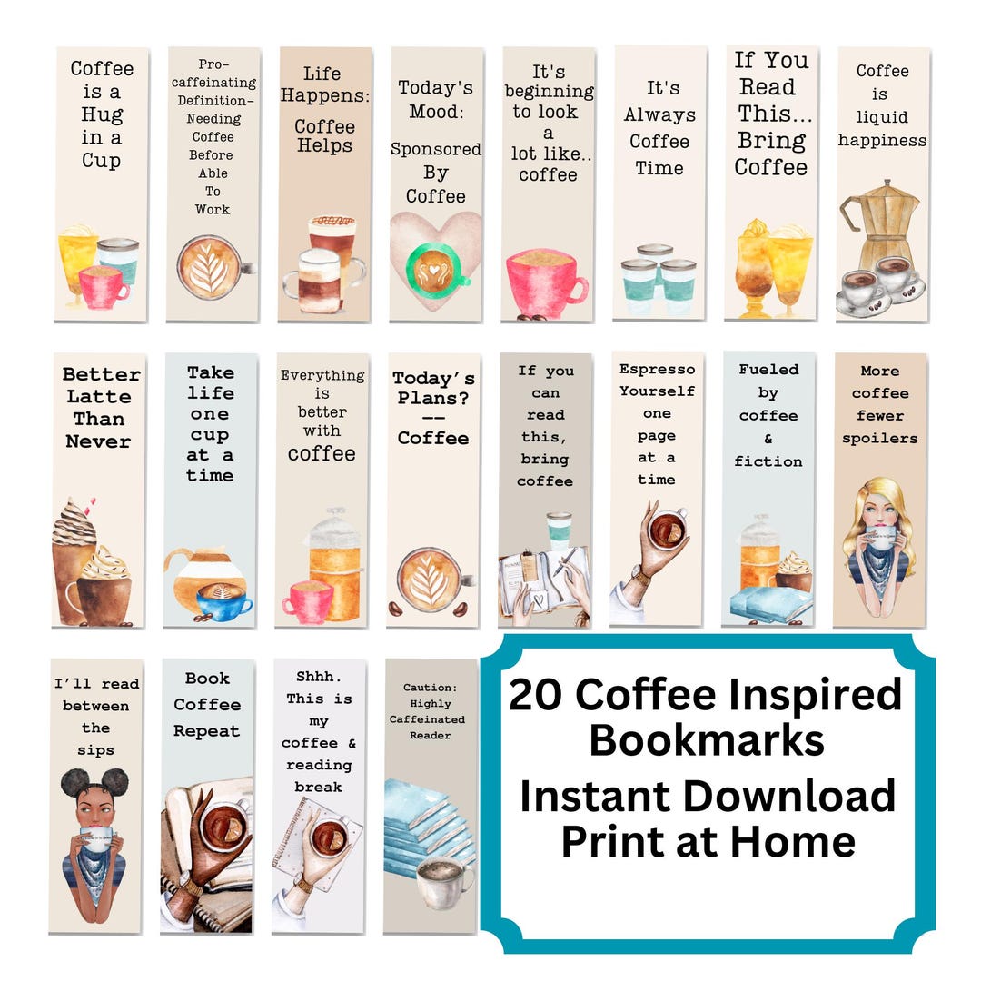 20 Coffee Bookmarks Printable, Funny Quotes Bookmark Set, Bookmarks for ...