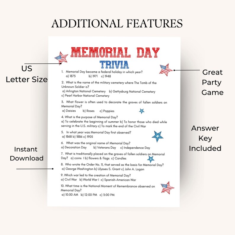 Memorial Day Trivia Printable, Memorial Day Celebration Activity ...