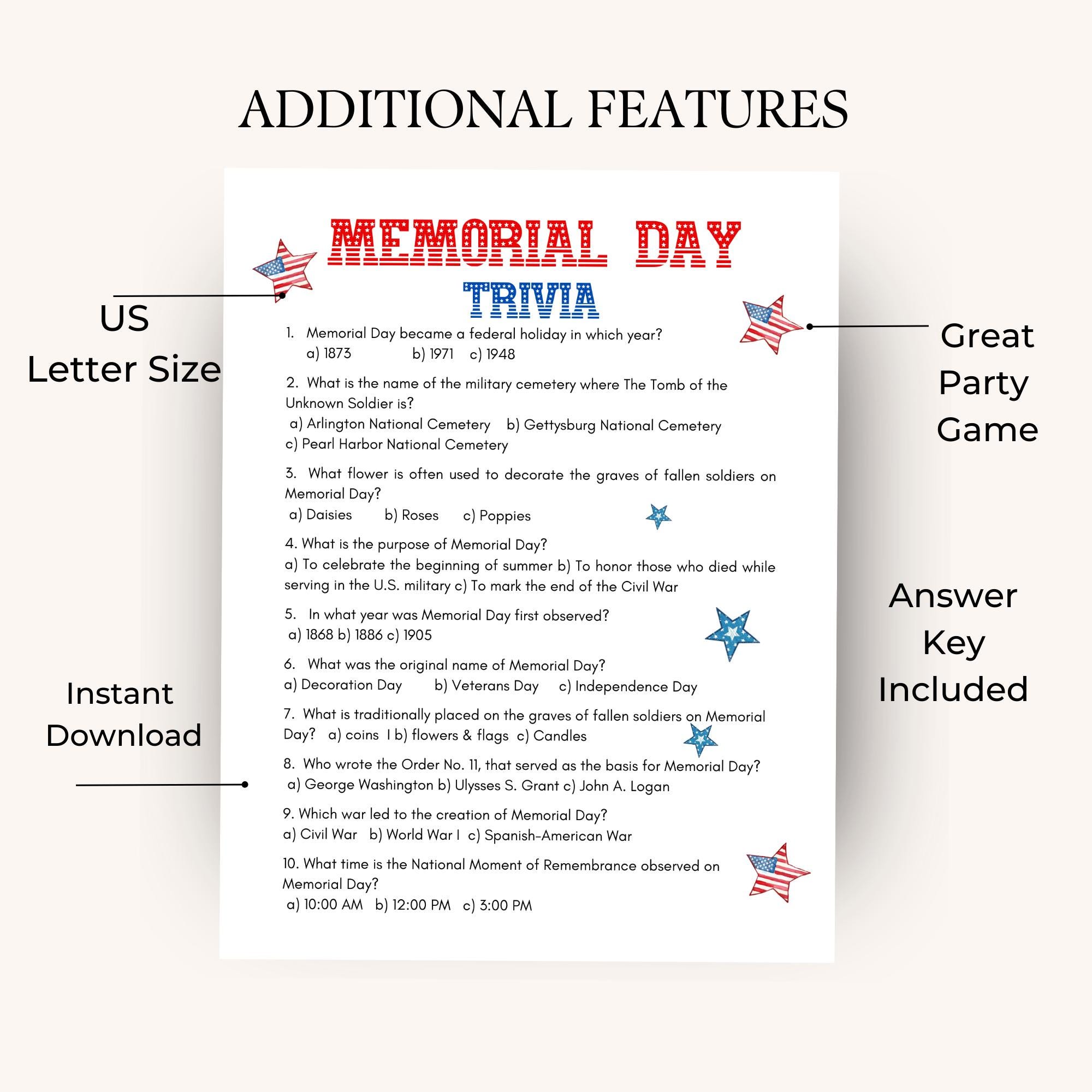 Memorial Day Trivia Printable, Memorial Day Celebration Activity ...