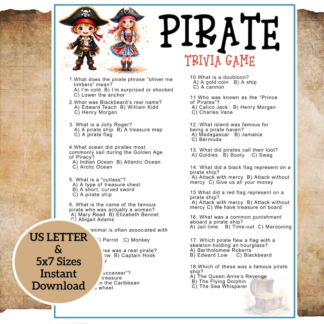 Pirate Trivia Game for Kids With Answers, Pirate Trivia Questions for ...