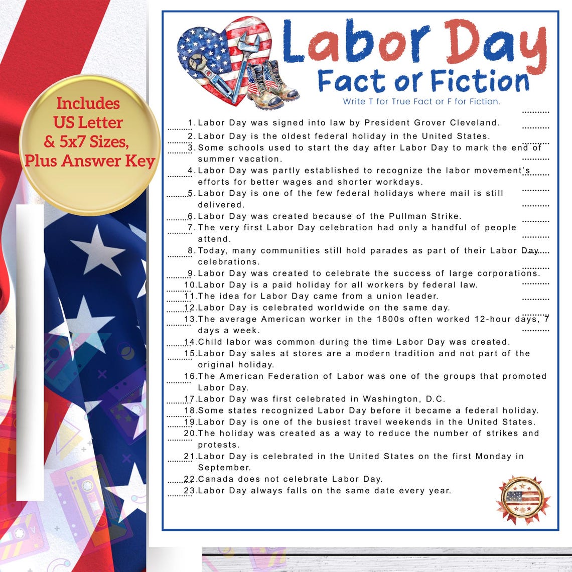 Labor Day Fact or Fiction Game Printable, Labor Day Trivia Quiz, Labor ...