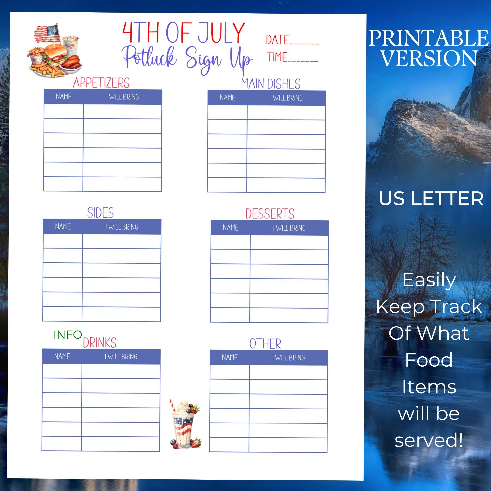 July 4th Potluck Sign up Sheet, Potluck Sign up Template, Fillable ...