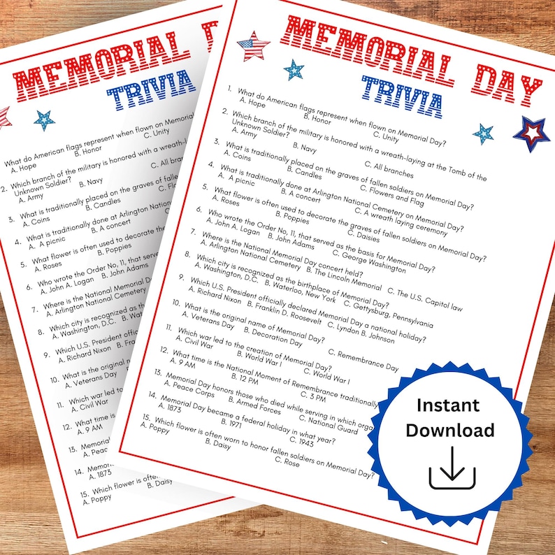 Memorial Day Trivia Printable, Memorial Day Celebration Activity ...