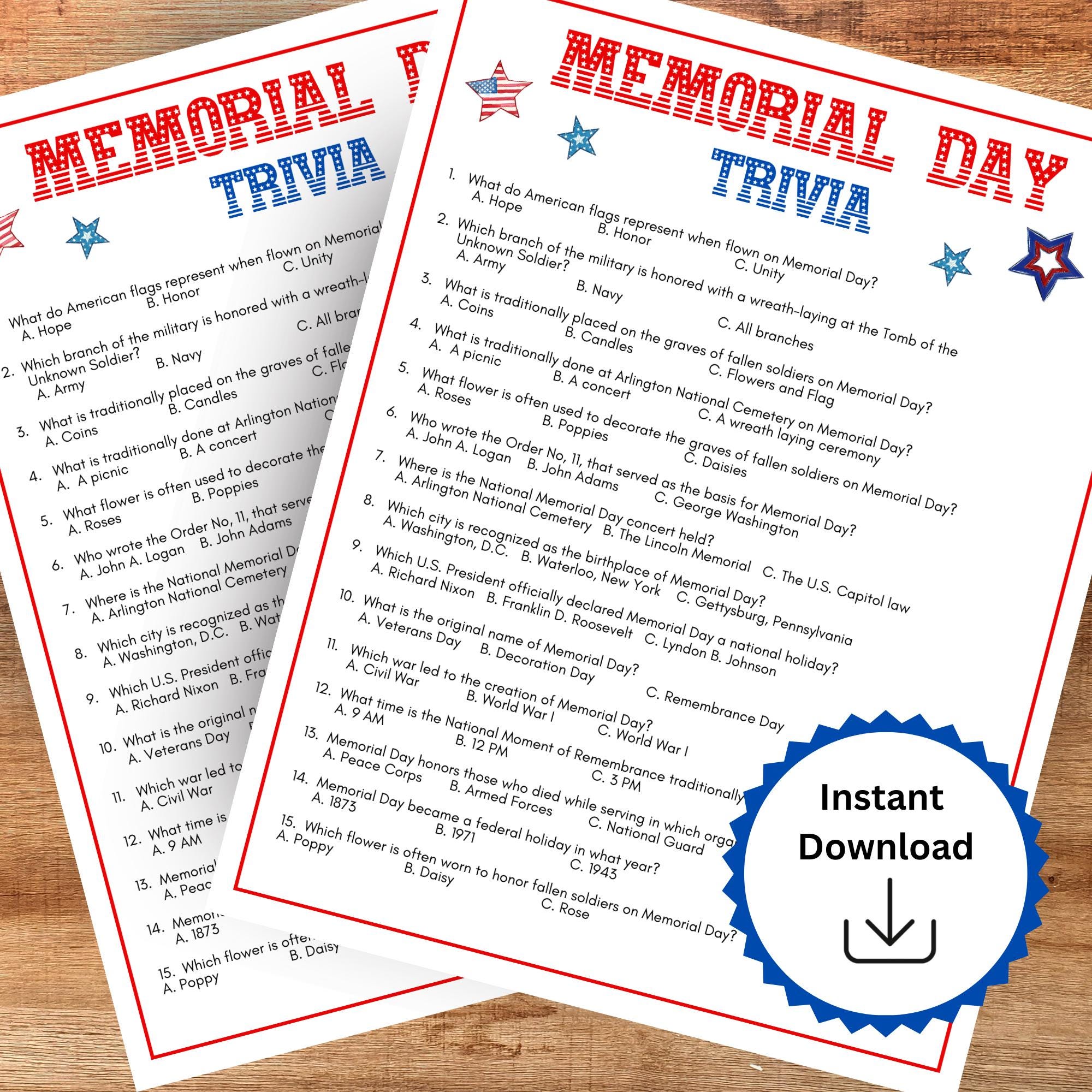 Memorial Day Trivia Printable, Memorial Day Celebration Activity ...