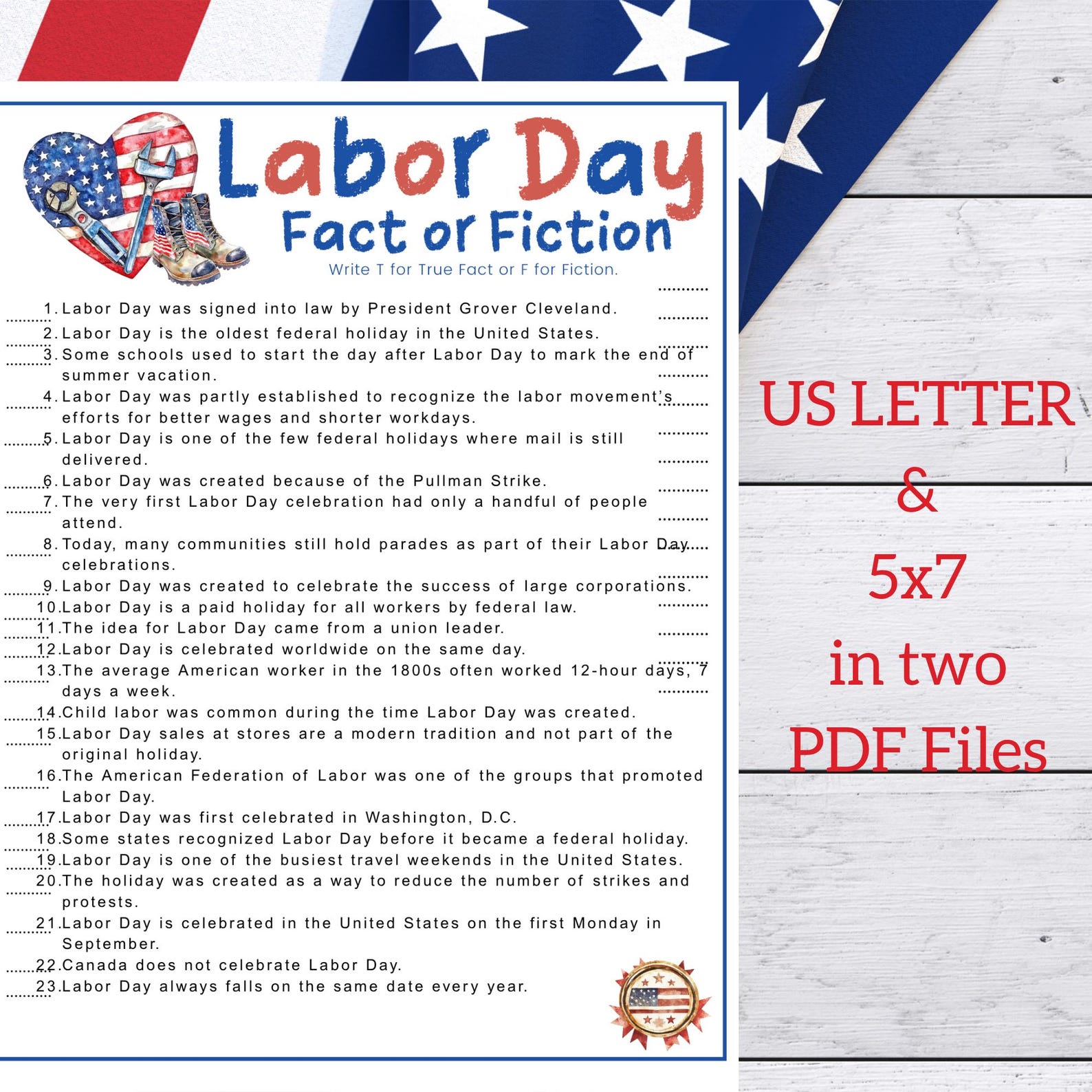 Labor Day Fact or Fiction Game Printable, Labor Day Trivia Quiz, Labor ...