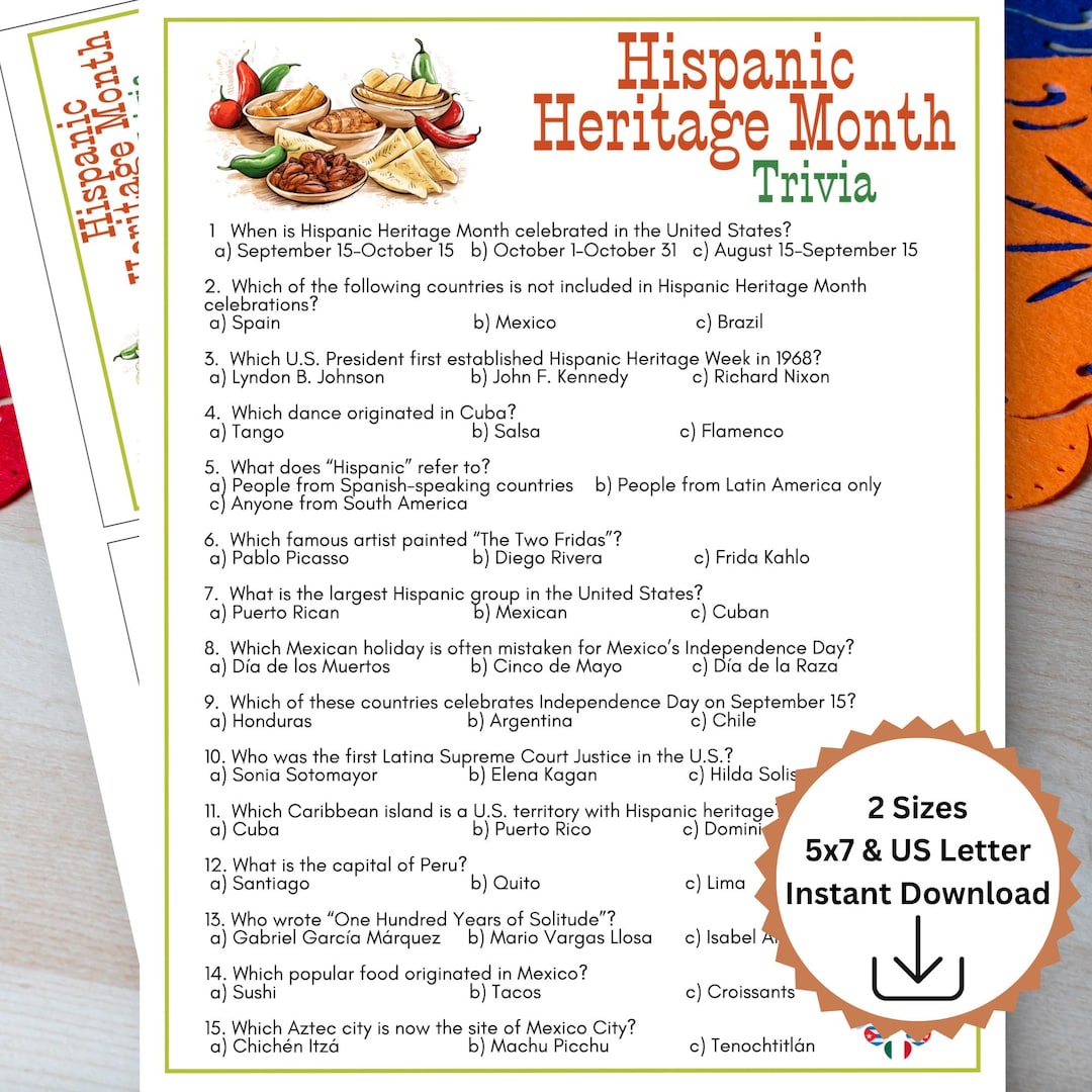 Hispanic Heritage Month Trivia Game Printable, Hispanic Heritage Month ...