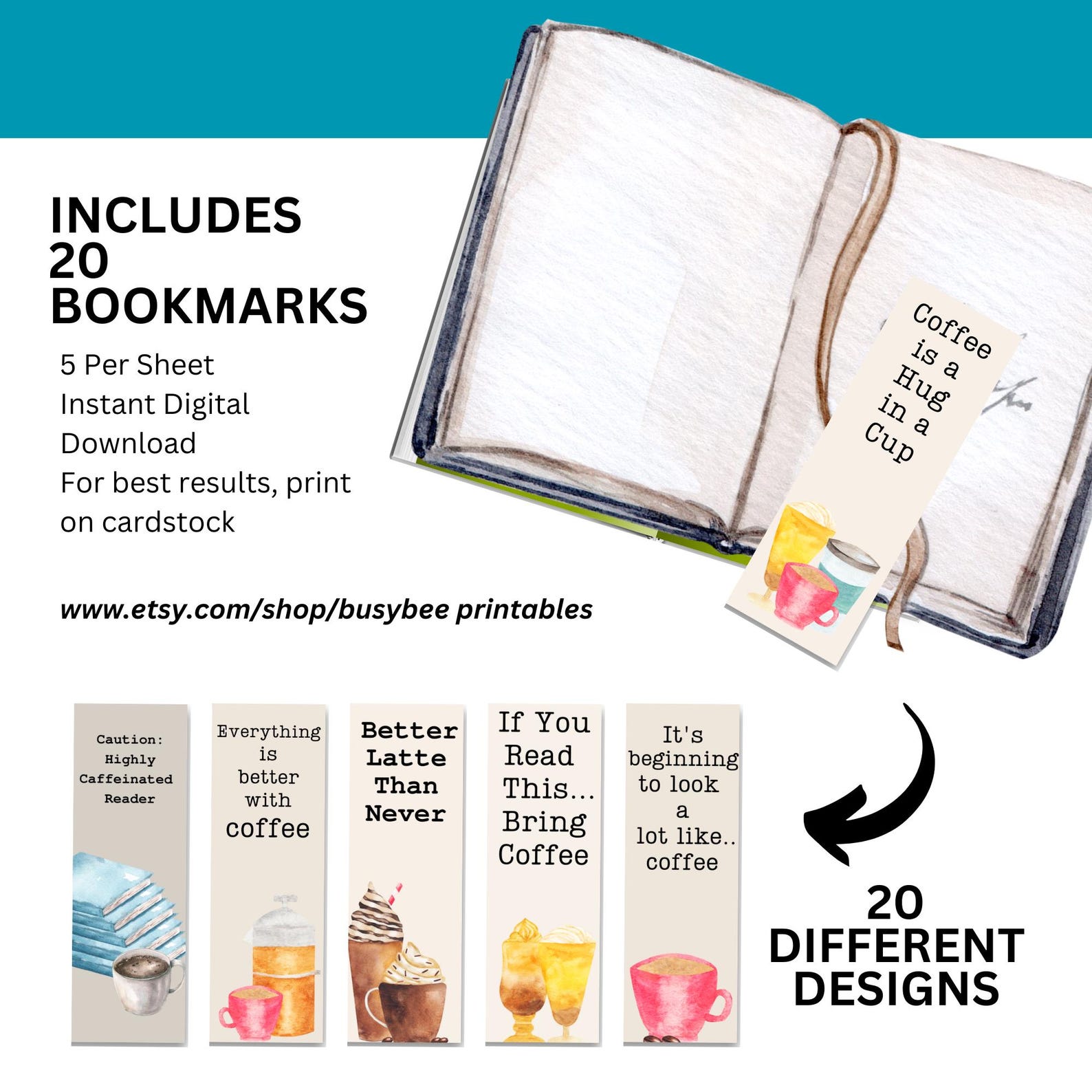 20 Coffee Bookmarks Printable, Funny Quotes Bookmark Set, Bookmarks for ...