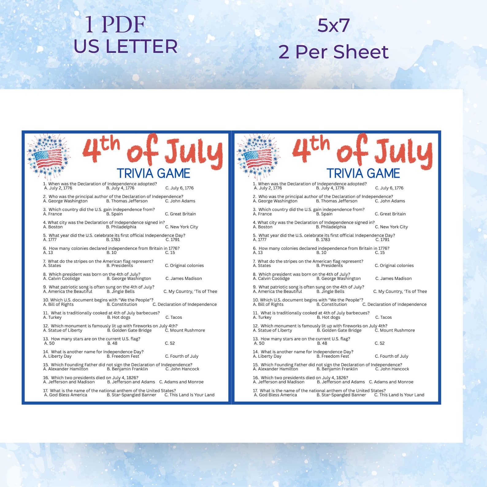 4th of July Trivia Game Printable, Independence Day Games, 4th of July ...