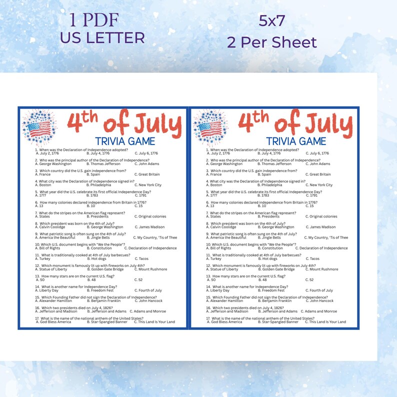 4th of July Trivia Game Printable, Independence Day Games, 4th of July ...