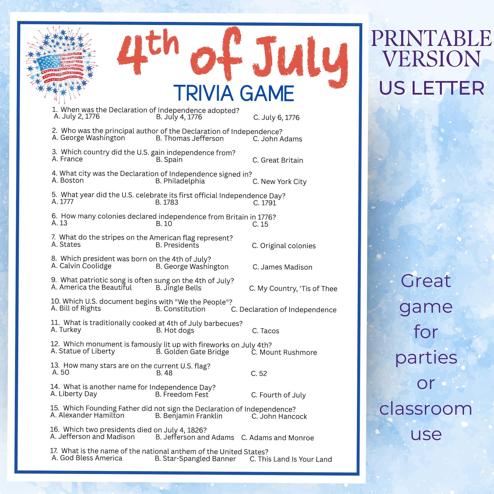 4th of July Trivia Game Printable, Independence Day Games, 4th of July ...