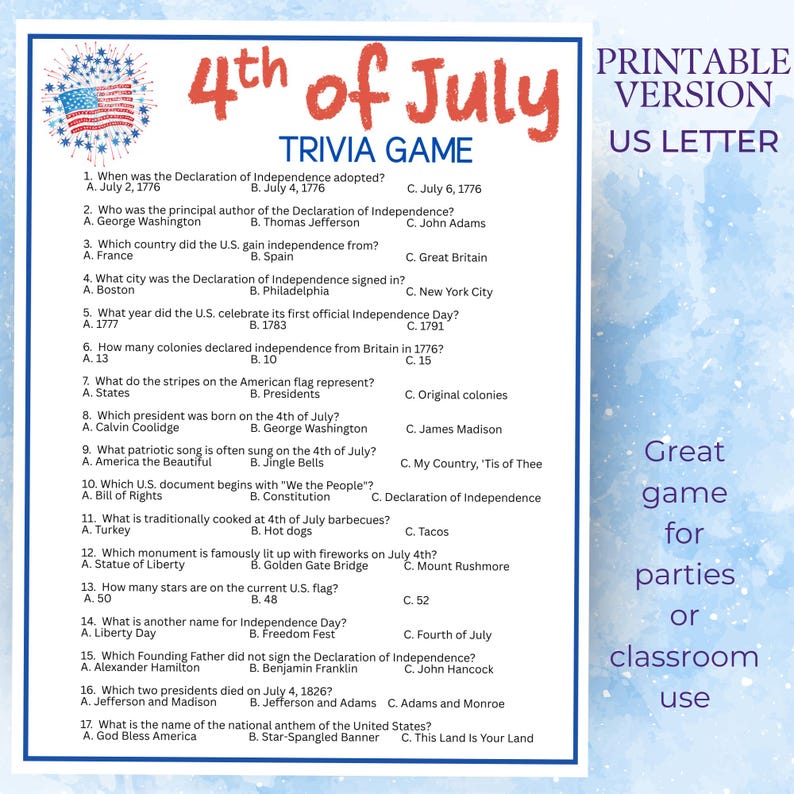 4th of July Trivia Game Printable, Independence Day Games, 4th of July ...