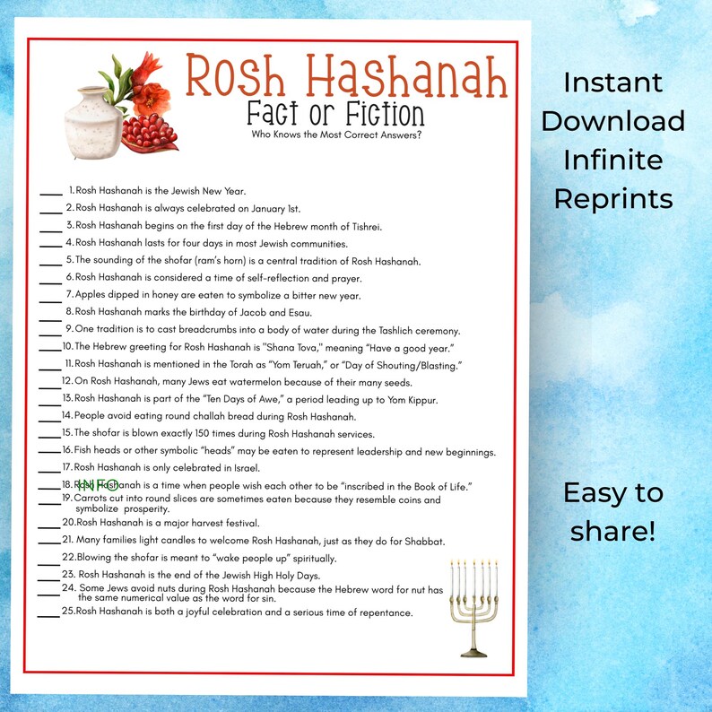 Rosh Hashanah Fact or Fiction Game Printable, Rosh Hashanah Trivia ...