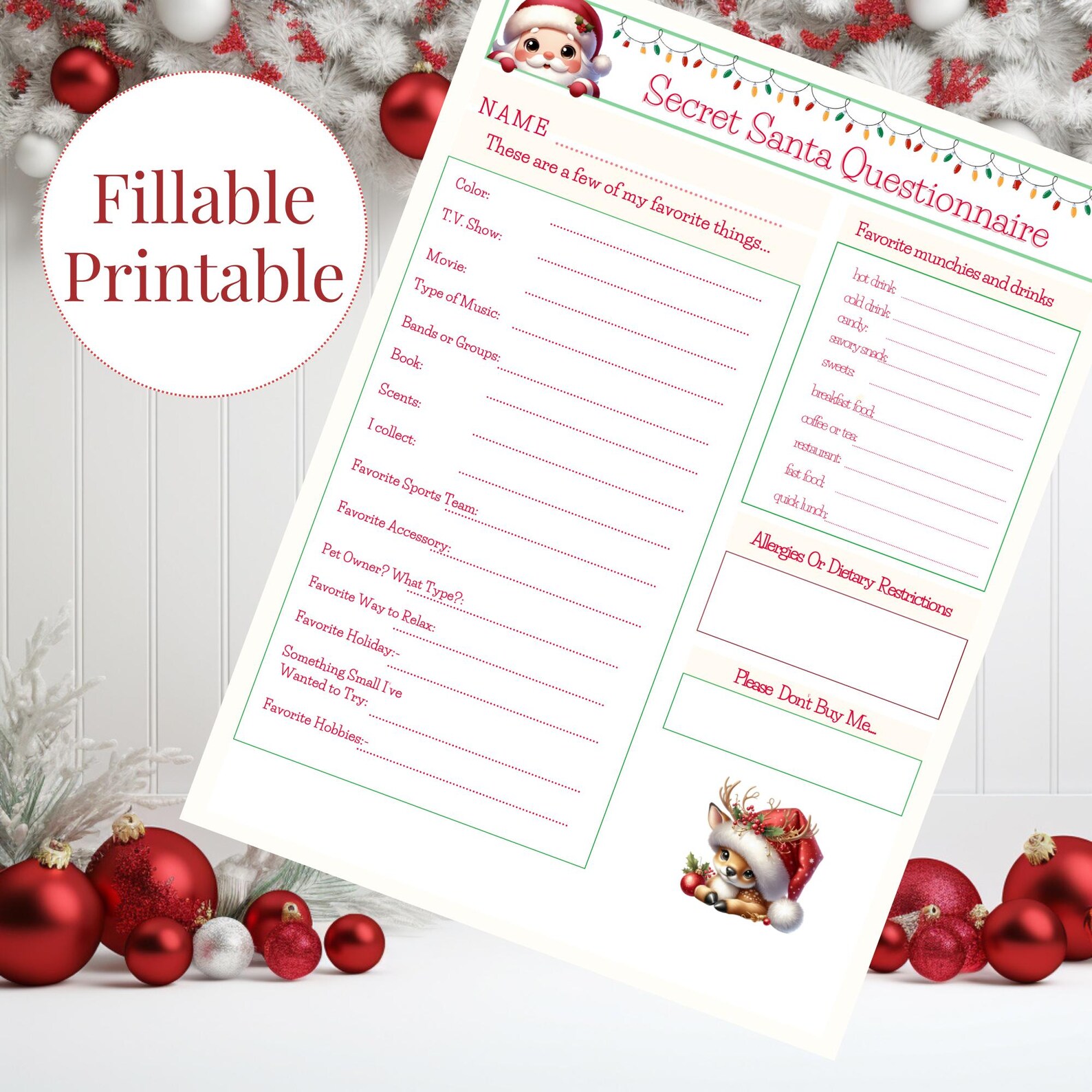 Printable Fillable Secret Santa Questionnaire for Coworkers PDF, Secret ...