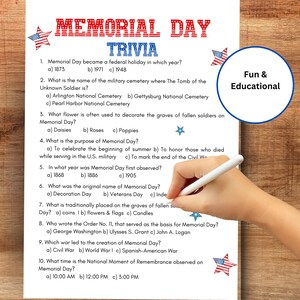 Memorial Day Trivia Printable, Memorial Day Celebration Activity ...