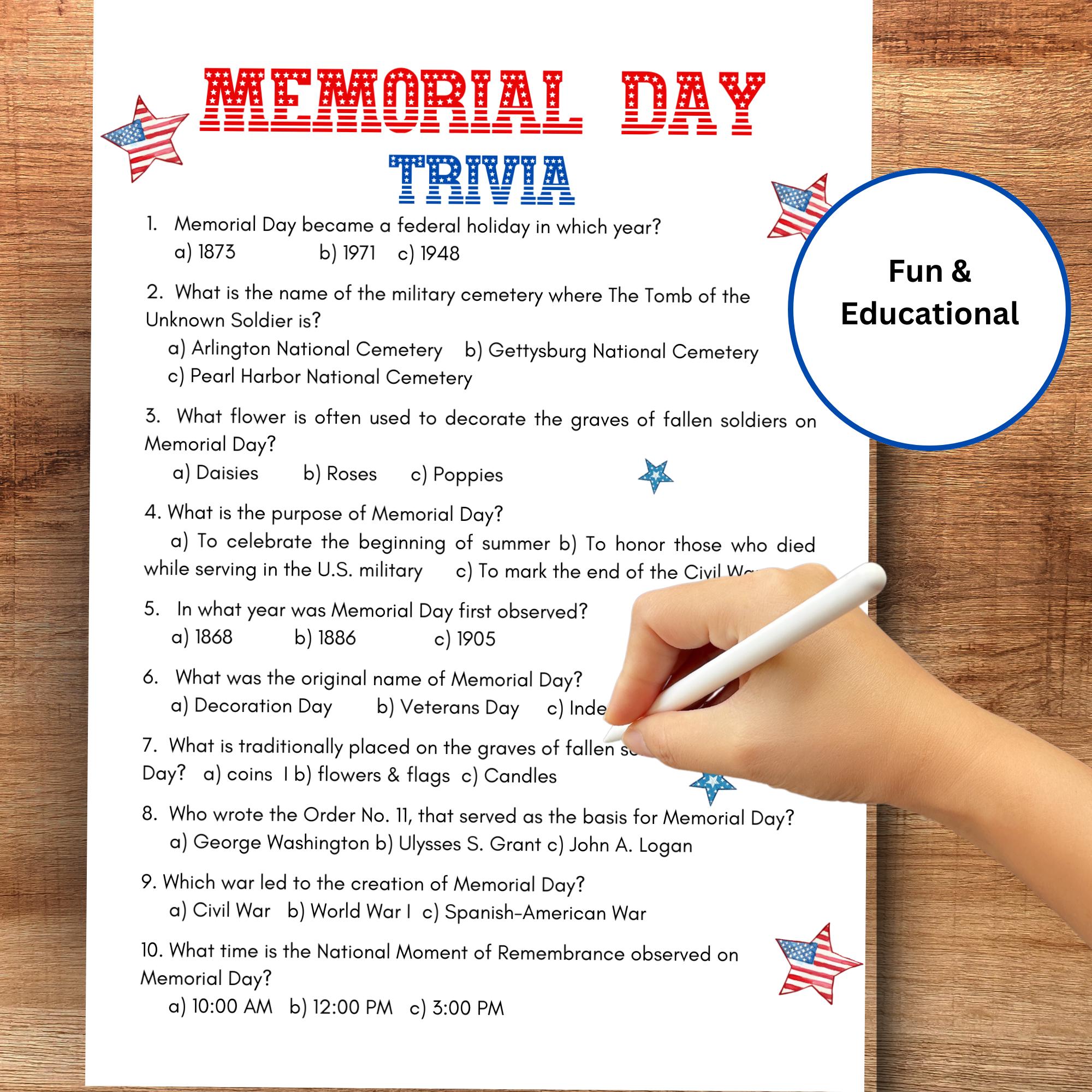 Memorial Day Trivia Printable, Memorial Day Celebration Activity ...