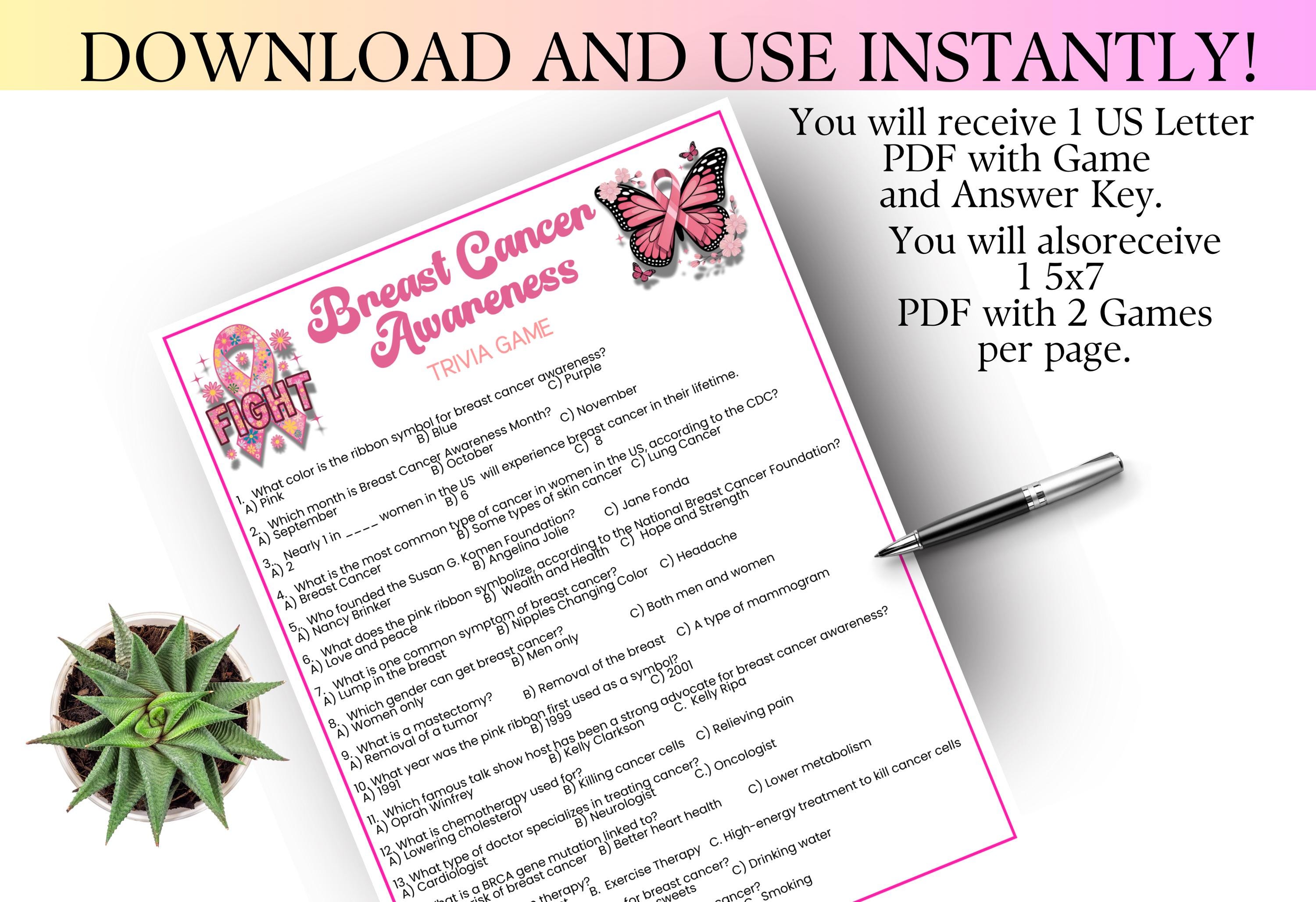 Breast Cancer Awareness Trivia Printable, Pink Ribbon Fundraiser Party ...