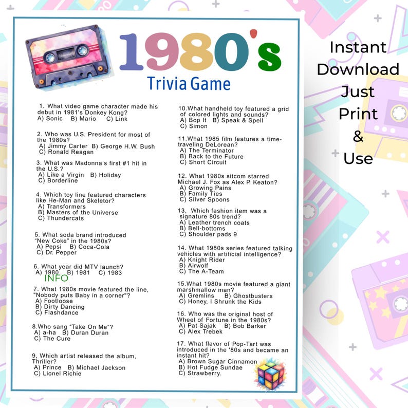 80s Trivia Questions and Answers Printable, 1980s Trivia Quiz, Pub ...