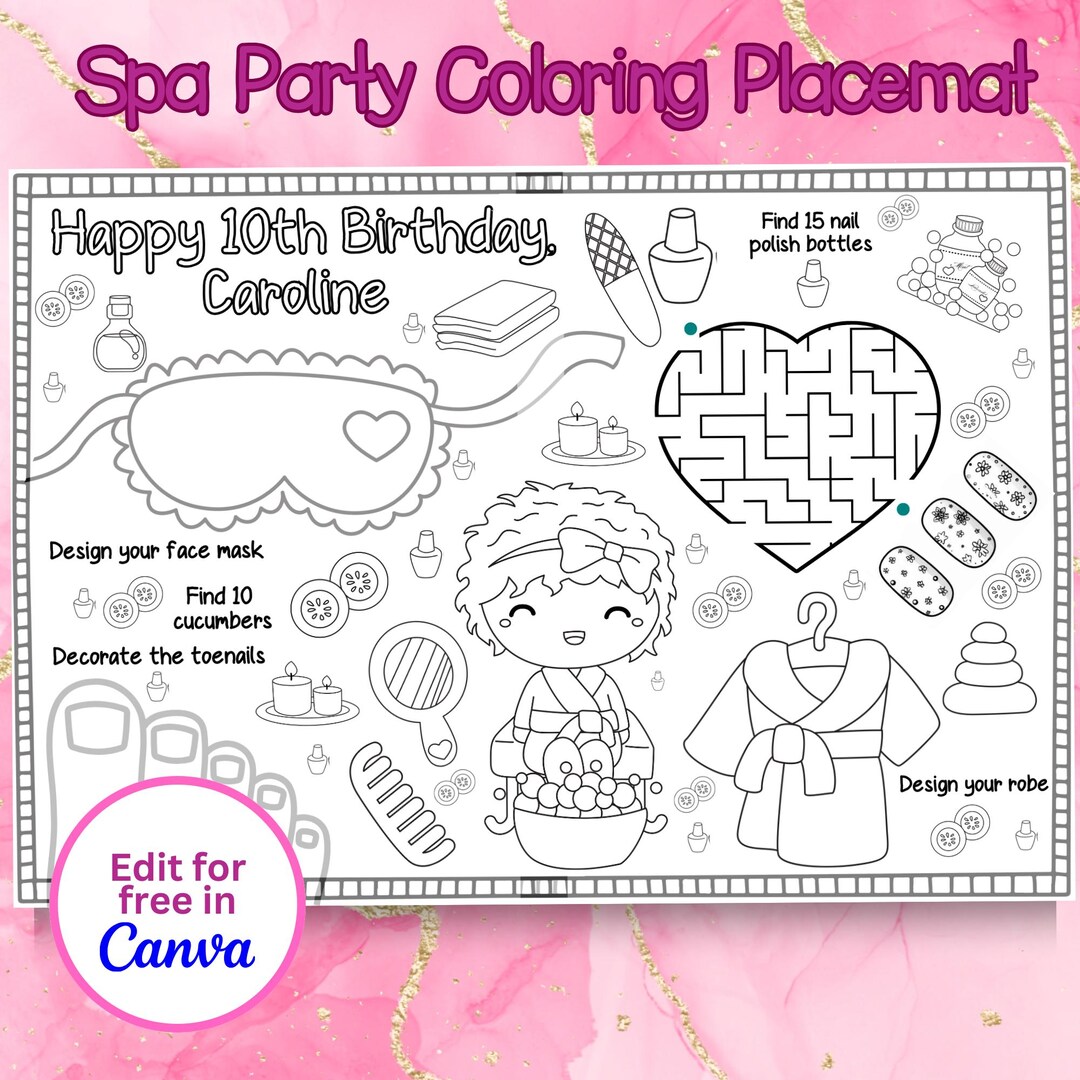 Editable Spa Party Coloring Placemat Printable, Spa Birthday Activity ...