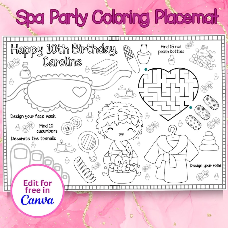 Editable Spa Party Coloring Placemat Printable, Spa Birthday Activity ...