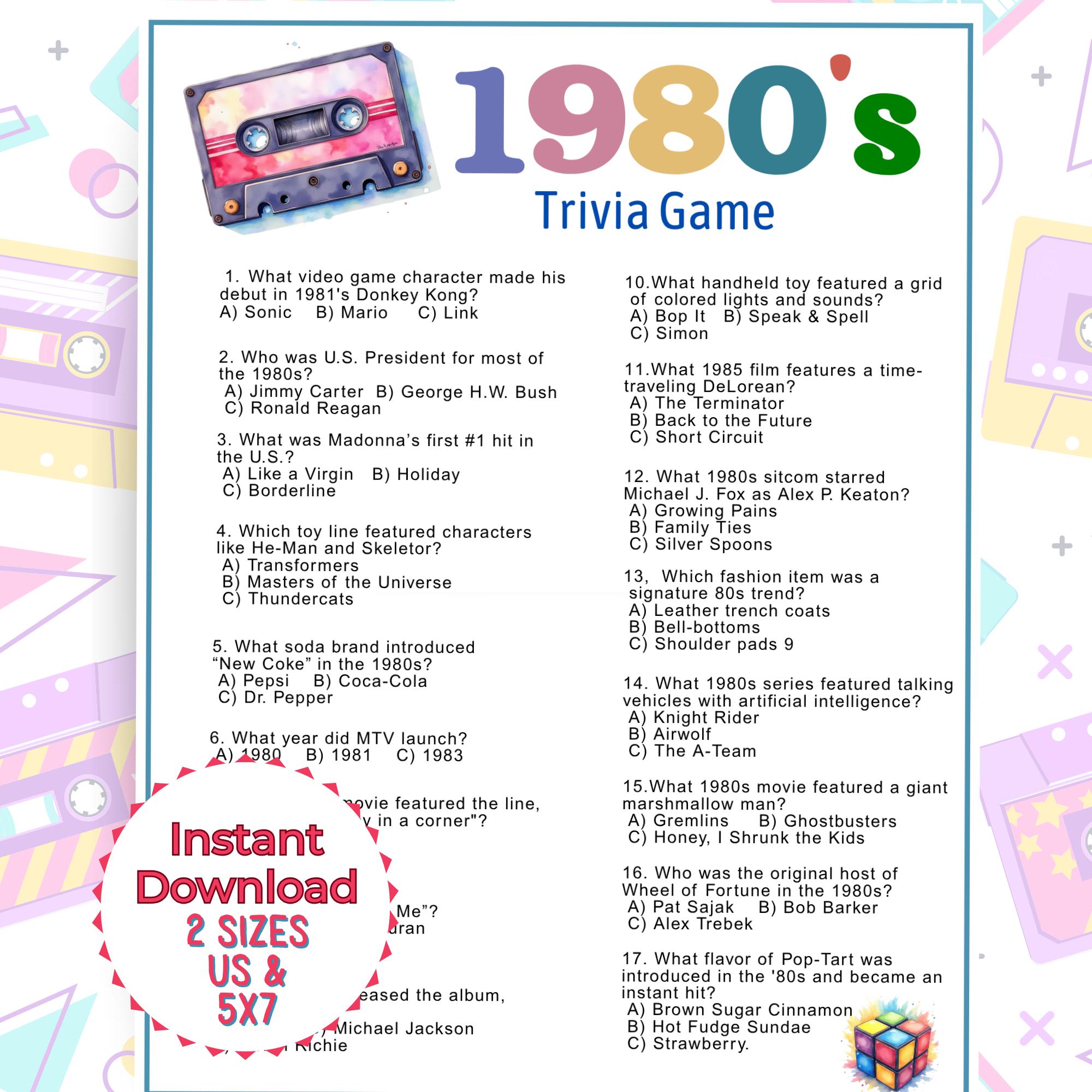 80s Trivia Questions and Answers Printable, 1980s Trivia Quiz, Pub ...