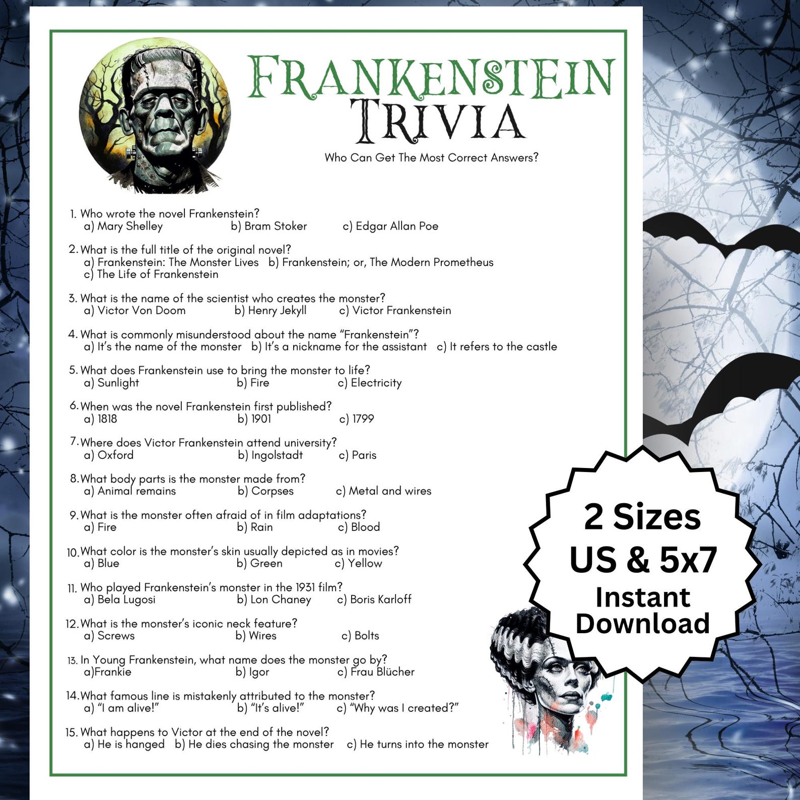 Frankenstein Trivia Game Printable, Frankenstein Trivia Quiz Printable ...