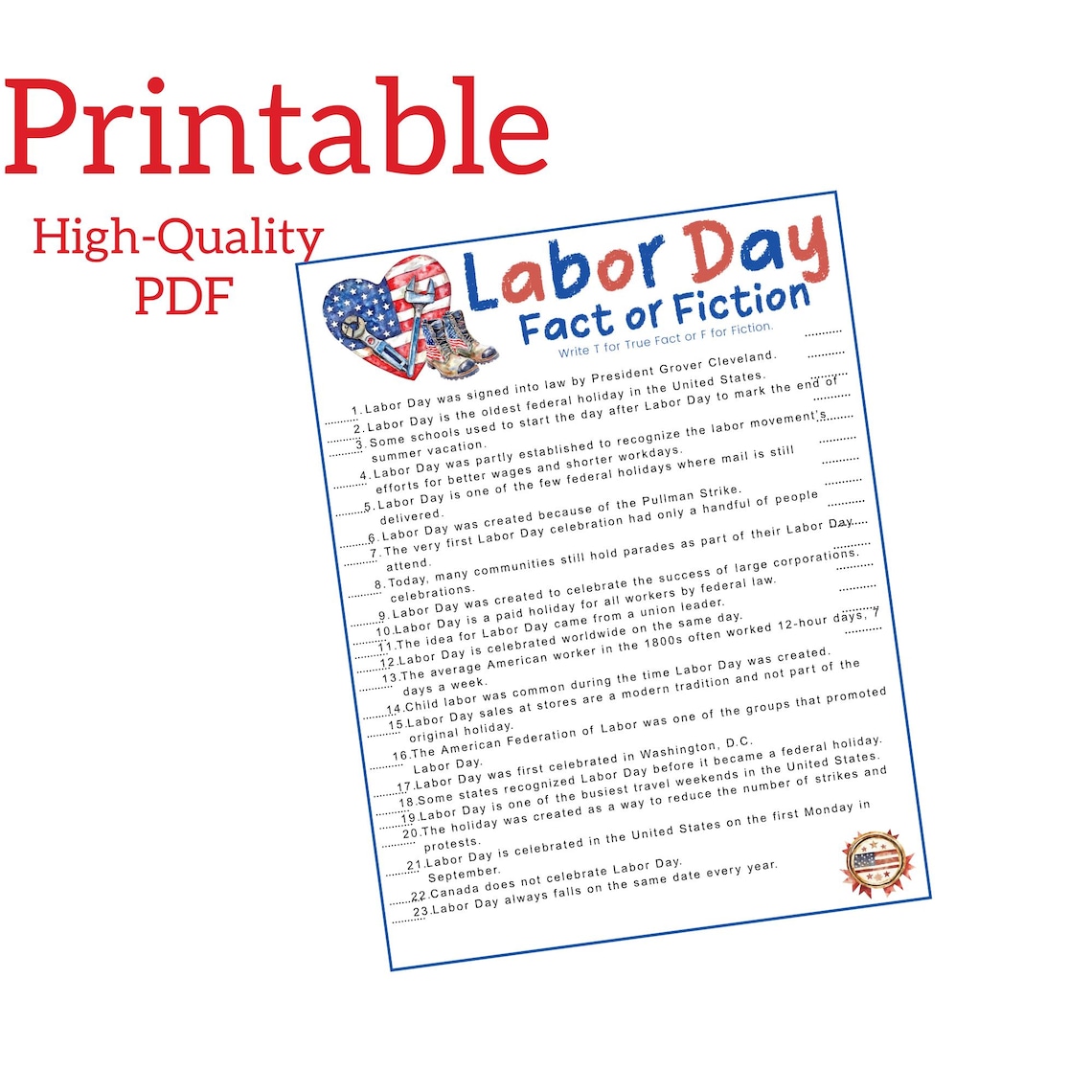 Labor Day Fact or Fiction Game Printable, Labor Day Trivia Quiz, Labor ...