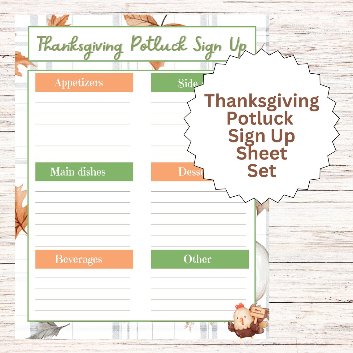 Thanksgiving Potluck Sign up Sheet Printable PDF | Office Holiday ...