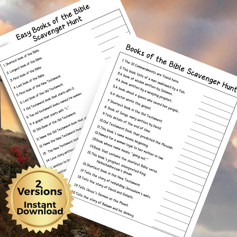 Books of the Bible Scavenger Hunt Printable Set, Sunday School Activity ...