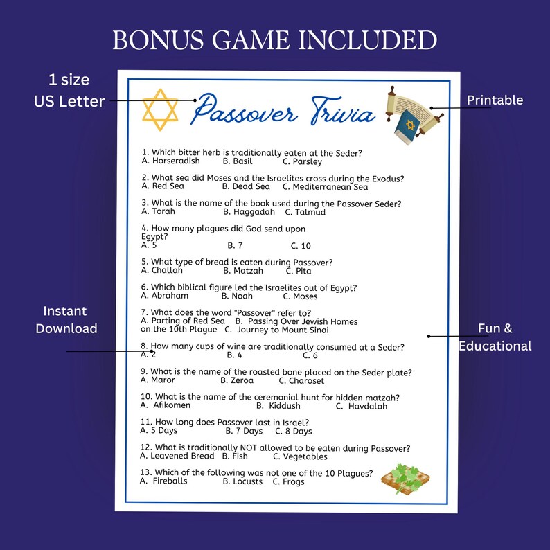 Passover Trivia Game Printable, Passover Holiday Party Game, Passover ...