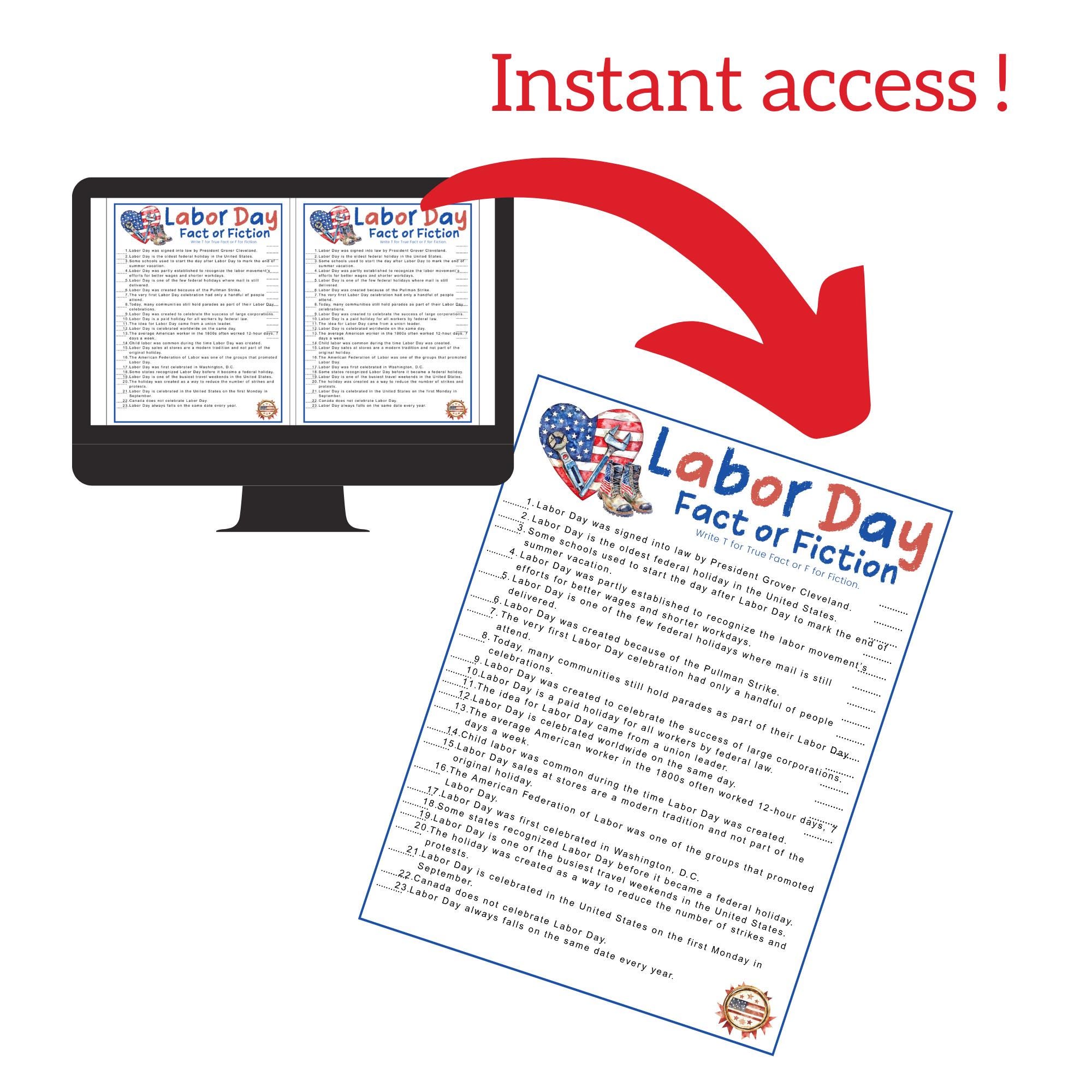 Labor Day Fact or Fiction Game Printable, Labor Day Trivia Quiz, Labor ...