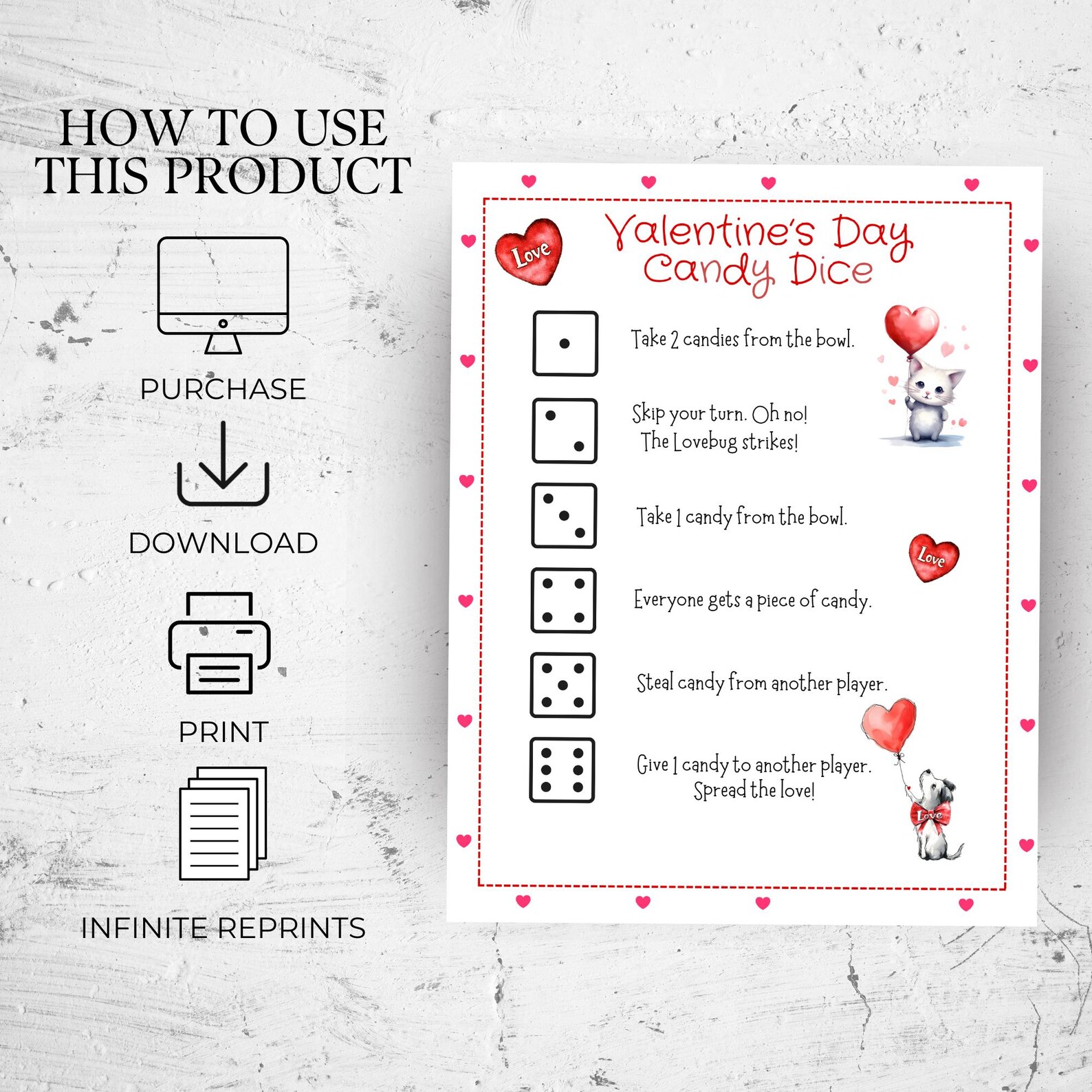 Printable Valentine's Day Candy Dice Game, Classroom Games, Valentines ...