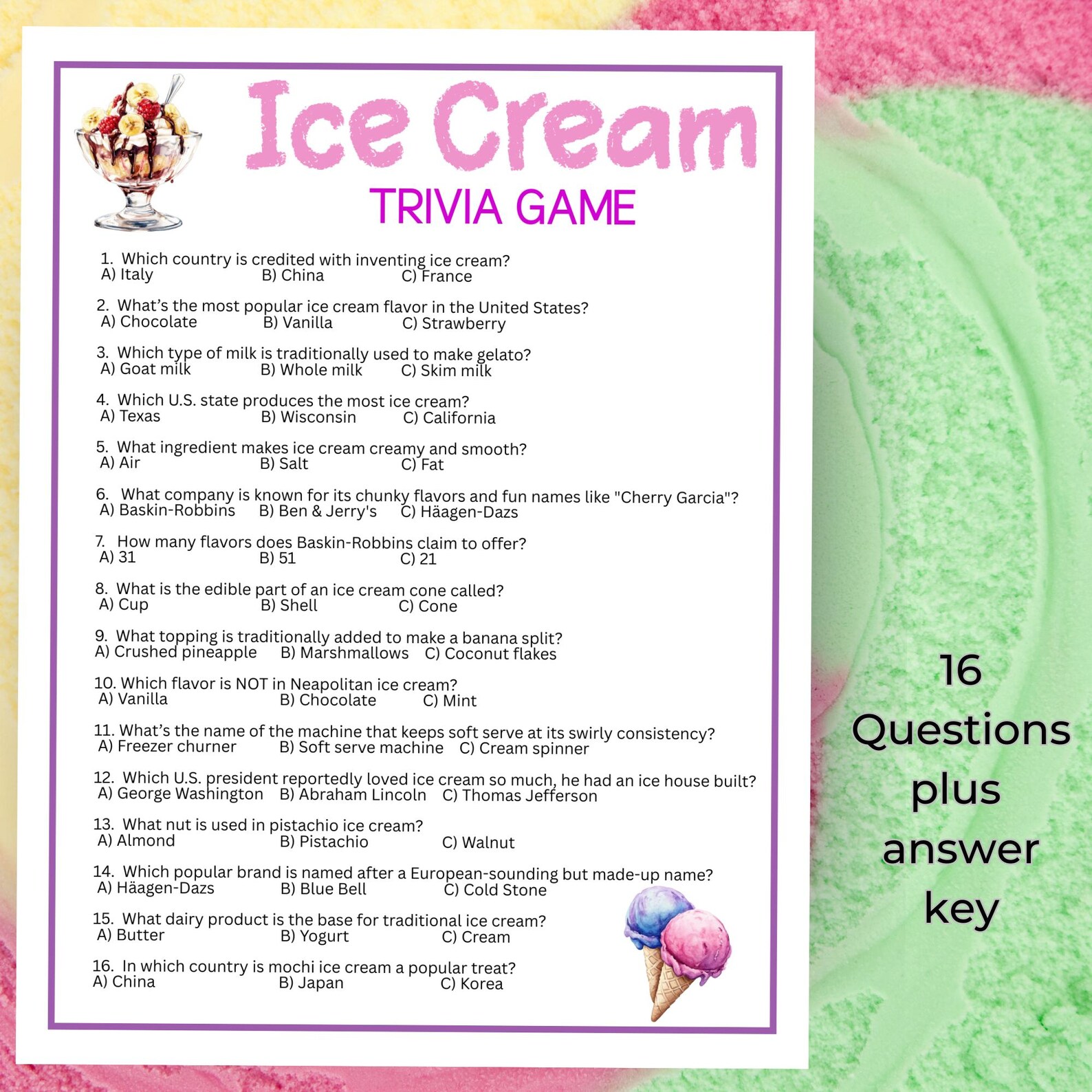 Ice Cream Trivia Game, National Ice Cream Day Party Game, National Ice ...