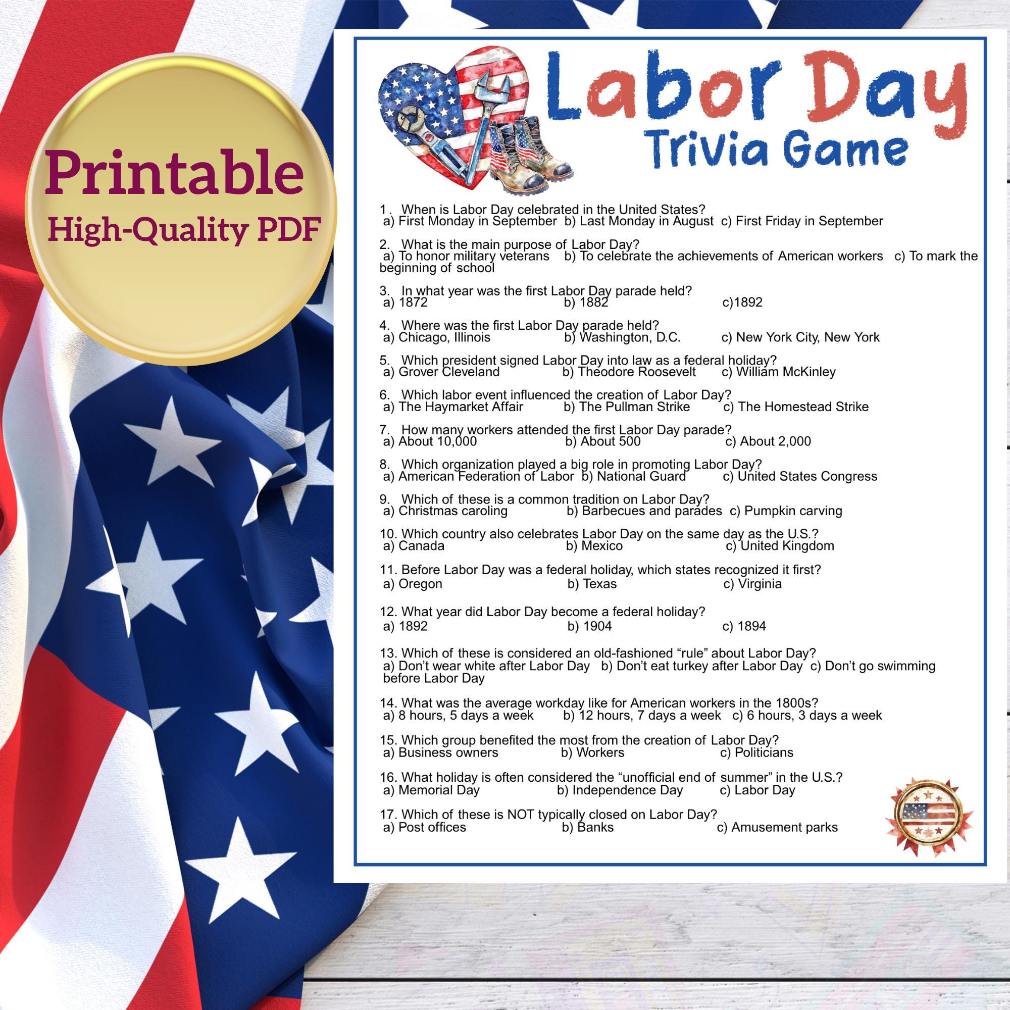 Labor Day Trivia Game Printable, Labor Day Games for Adults, Labor Day ...