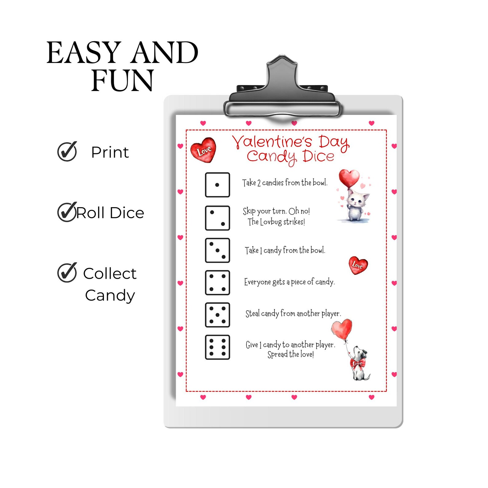 Printable Valentine's Day Candy Dice Game, Classroom Games, Valentines ...