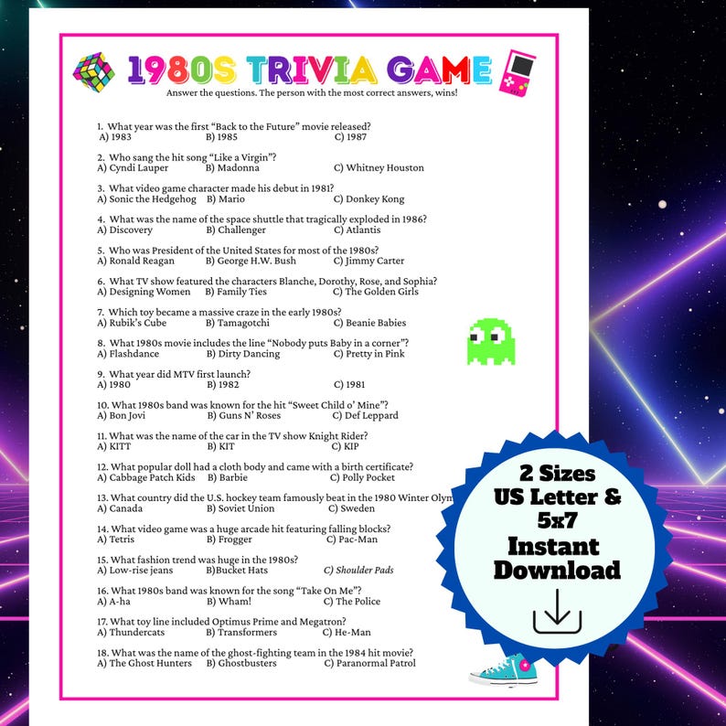 80s Trivia Questions and Answers Printable, 80s Trivia Quiz, Pub Night Trivia Questions, 1980s ...