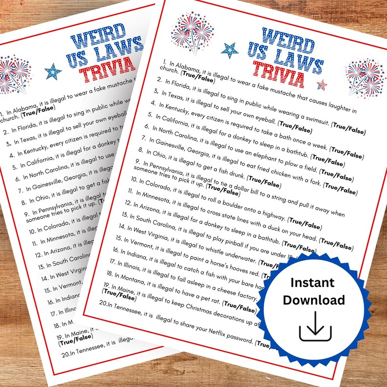 Weird American Laws Trivia Game Printable, Funny American Laws Trivia ...