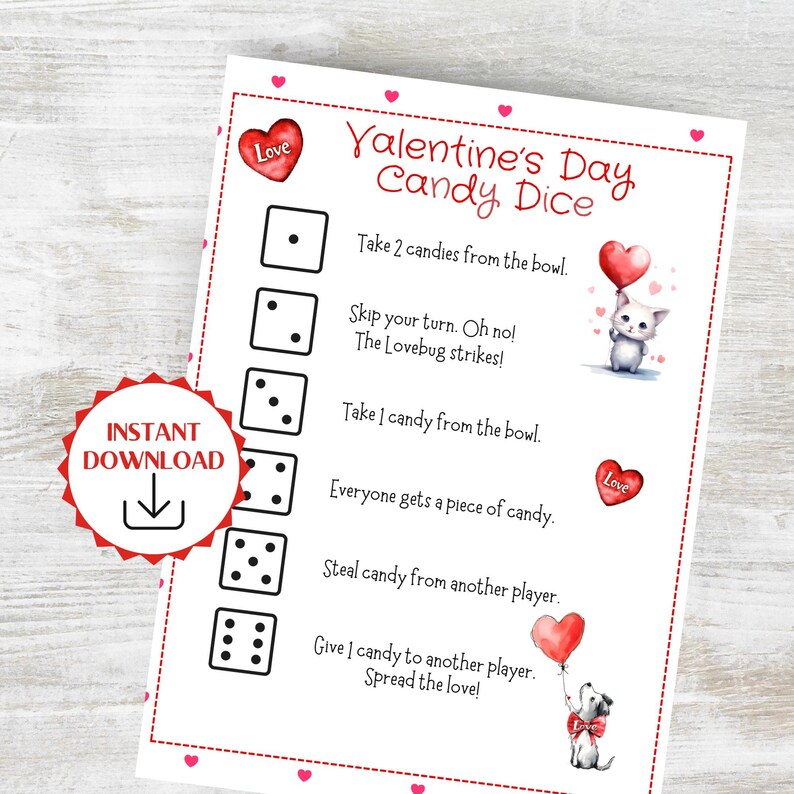 Printable Valentine's Day Candy Dice Game, Classroom Games, Valentines ...