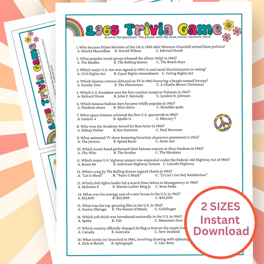 1965 Trivia Game Printable, 60th Birthday Party Games, Born in 1965 Fun ...