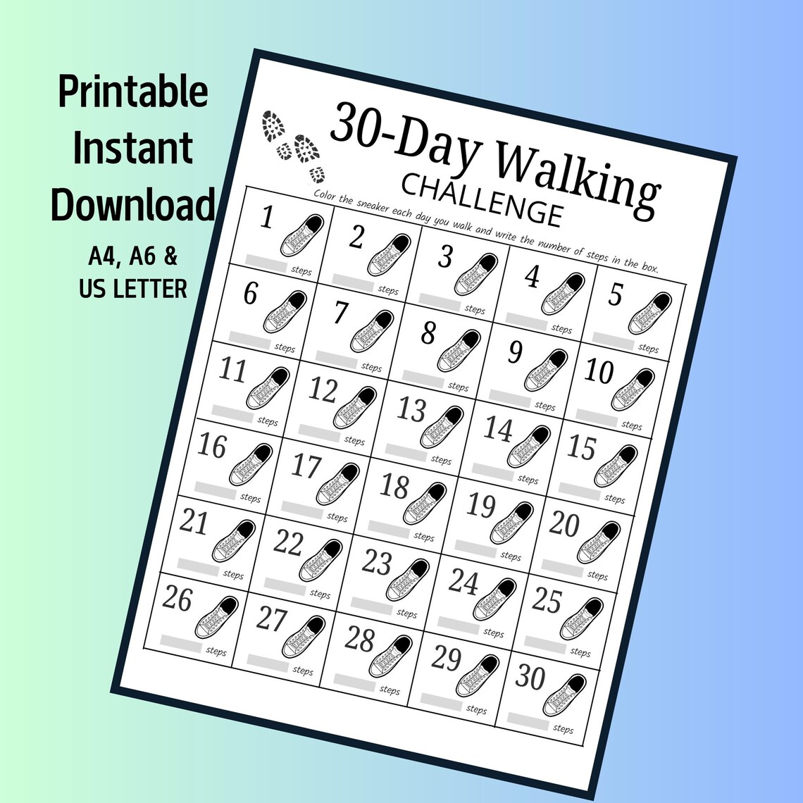 30 Day Step Tracker Monthly Challenge Printable, Walking Challenge ...
