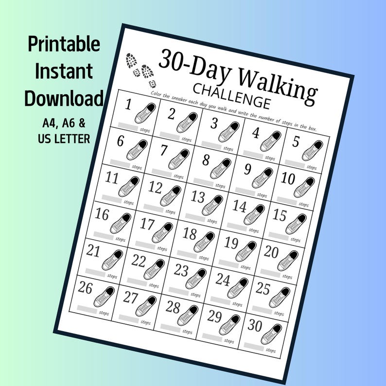 30 Day Step Tracker Monthly Challenge Printable, Walking Challenge ...
