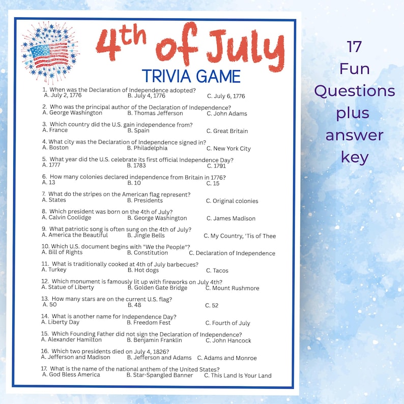 4th of July Trivia Game Printable, Independence Day Games, 4th of July ...