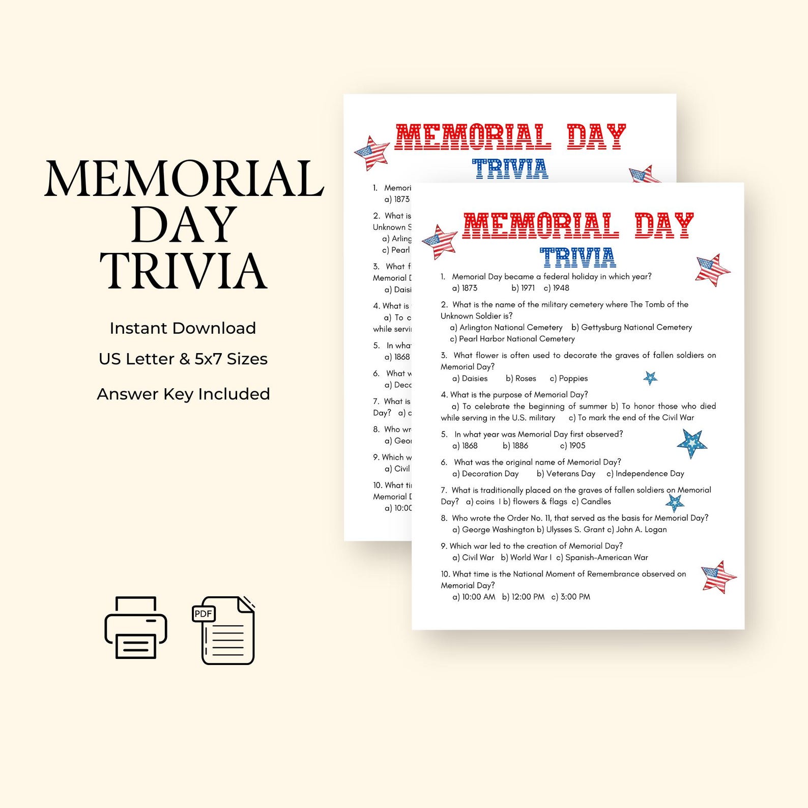 Memorial Day Trivia Printable, Memorial Day Celebration Activity ...