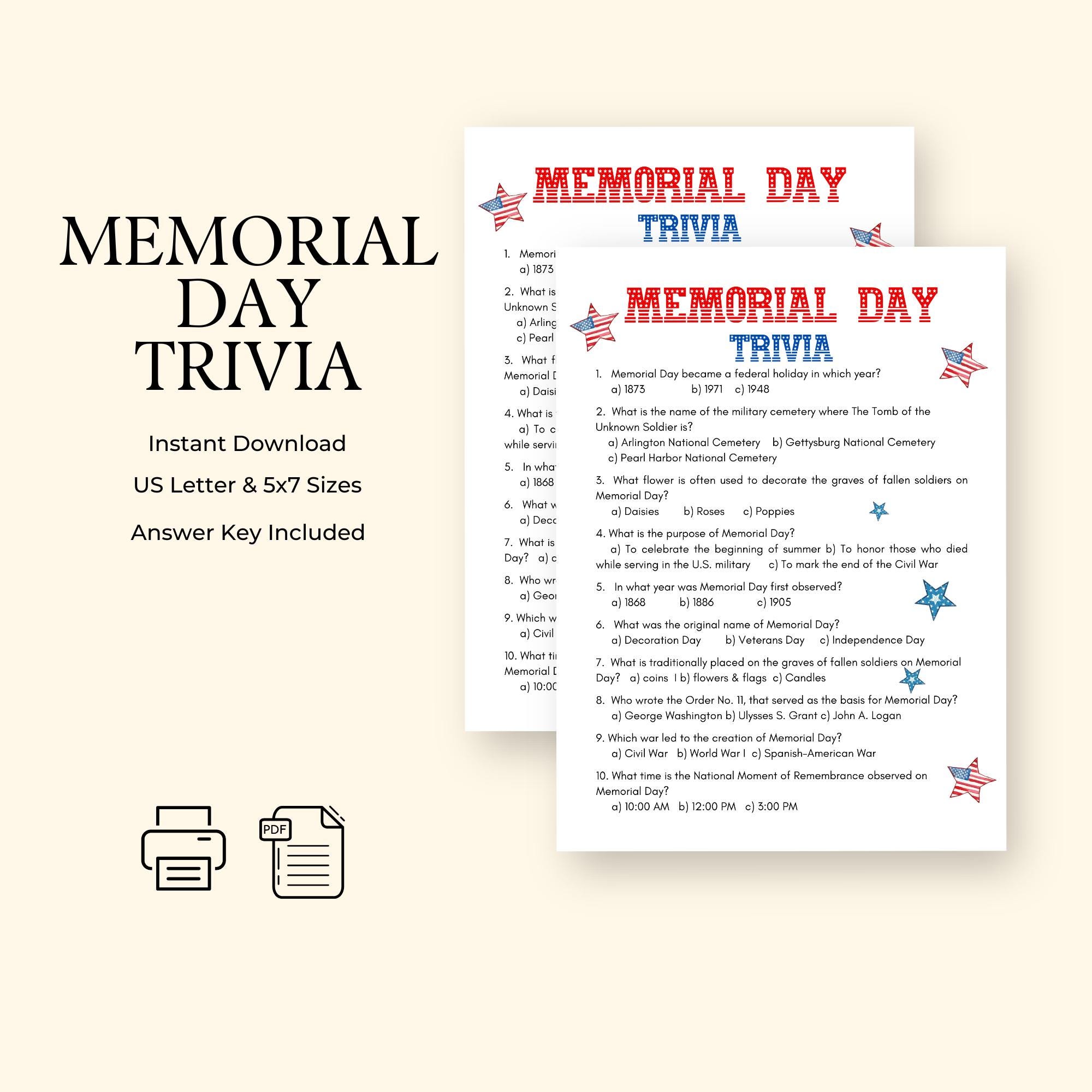Memorial Day Trivia Printable, Memorial Day Celebration Activity ...