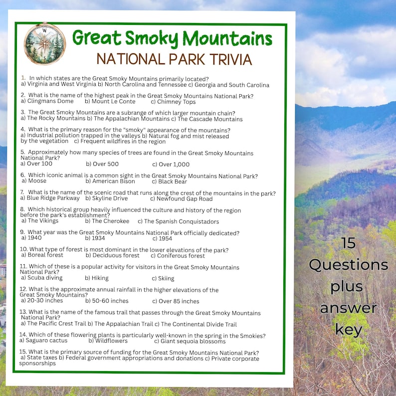 Great Smoky Mountains National Park Trivia Game Printable, National ...