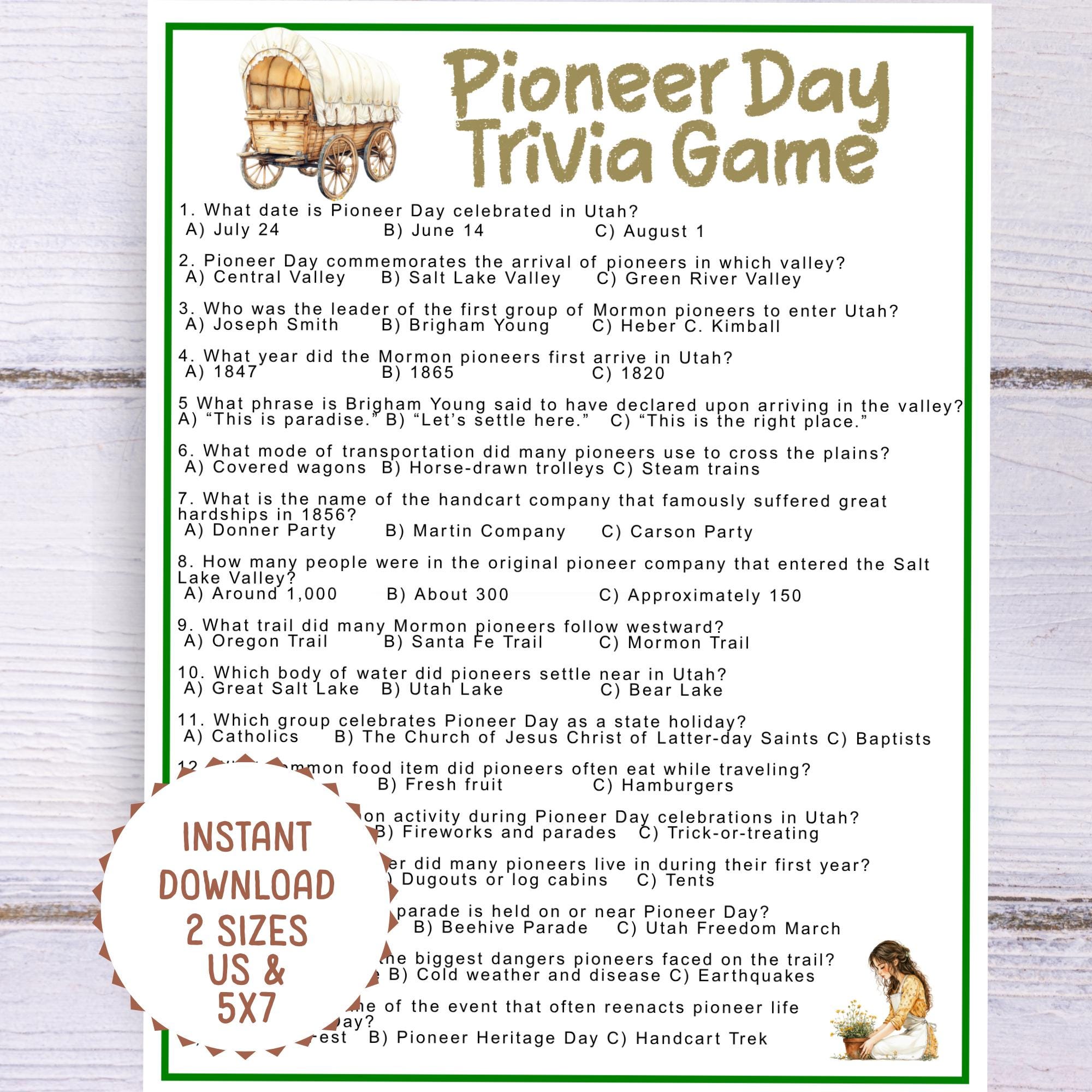 Pioneer Day Trivia Game Printable, Pioneer Day 2025, Pioneer Day Party ...