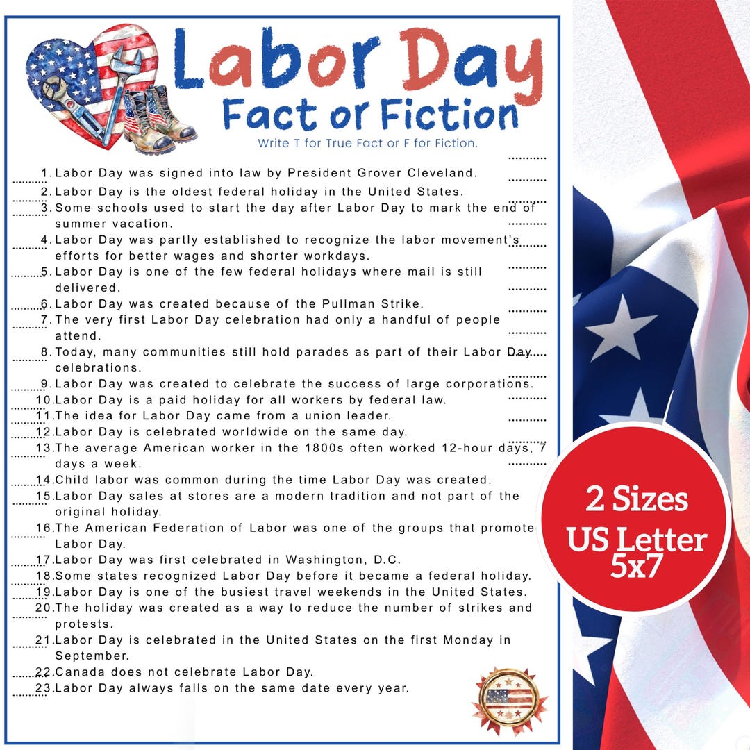 Labor Day Fact or Fiction Game Printable, Labor Day Trivia Quiz, Labor ...