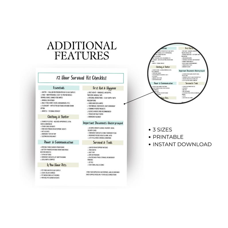 72 Hour Survival Kit Checklist Printable, Emergency Preparedness ...