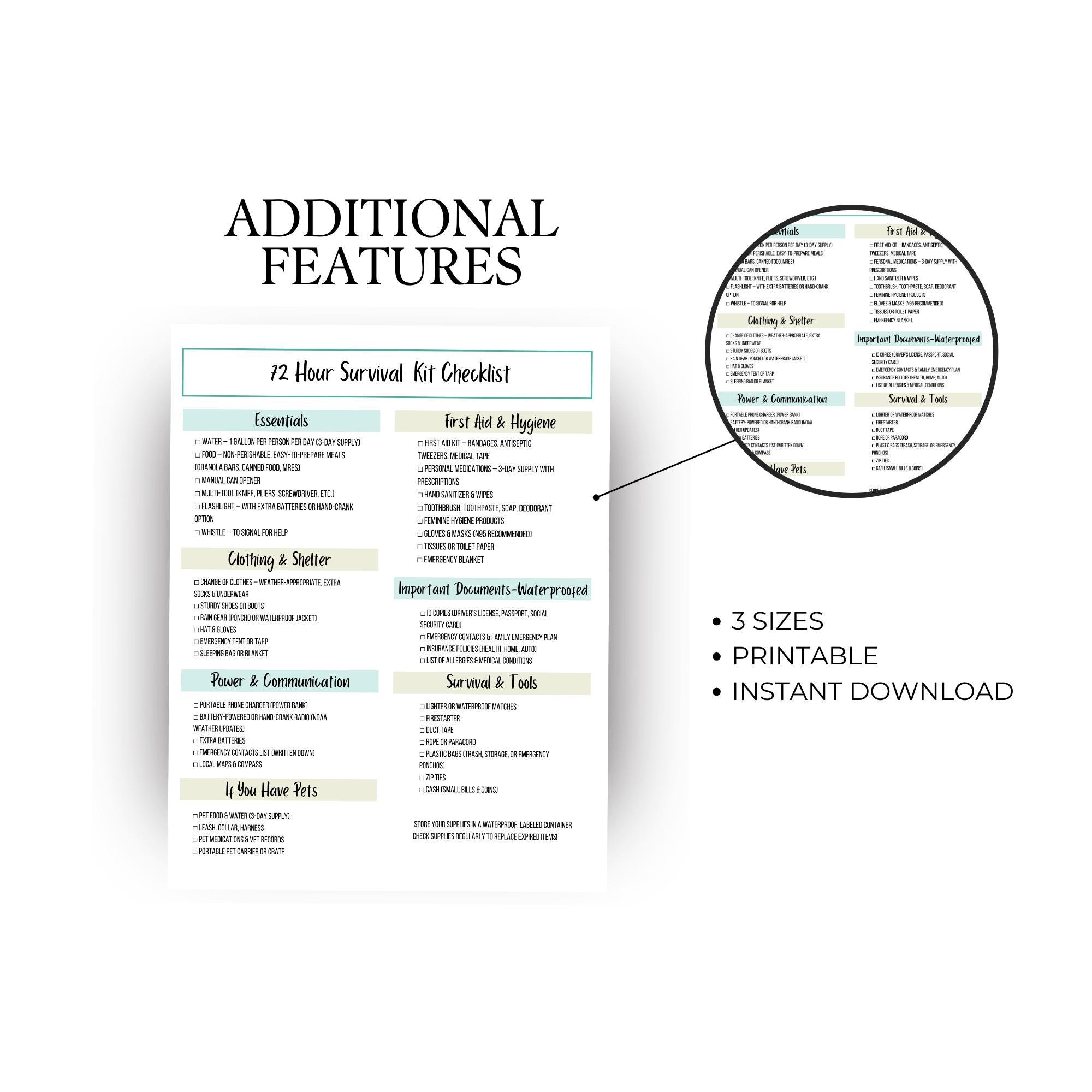 72 Hour Survival Kit Checklist Printable, Emergency Preparedness ...