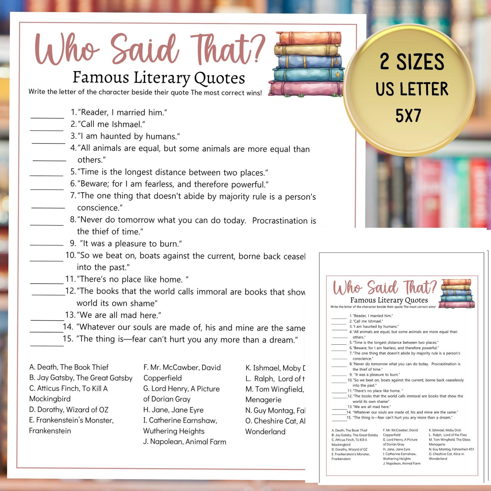 Classic Literature Quotes Matching Game, Classic Literature Trivia ...